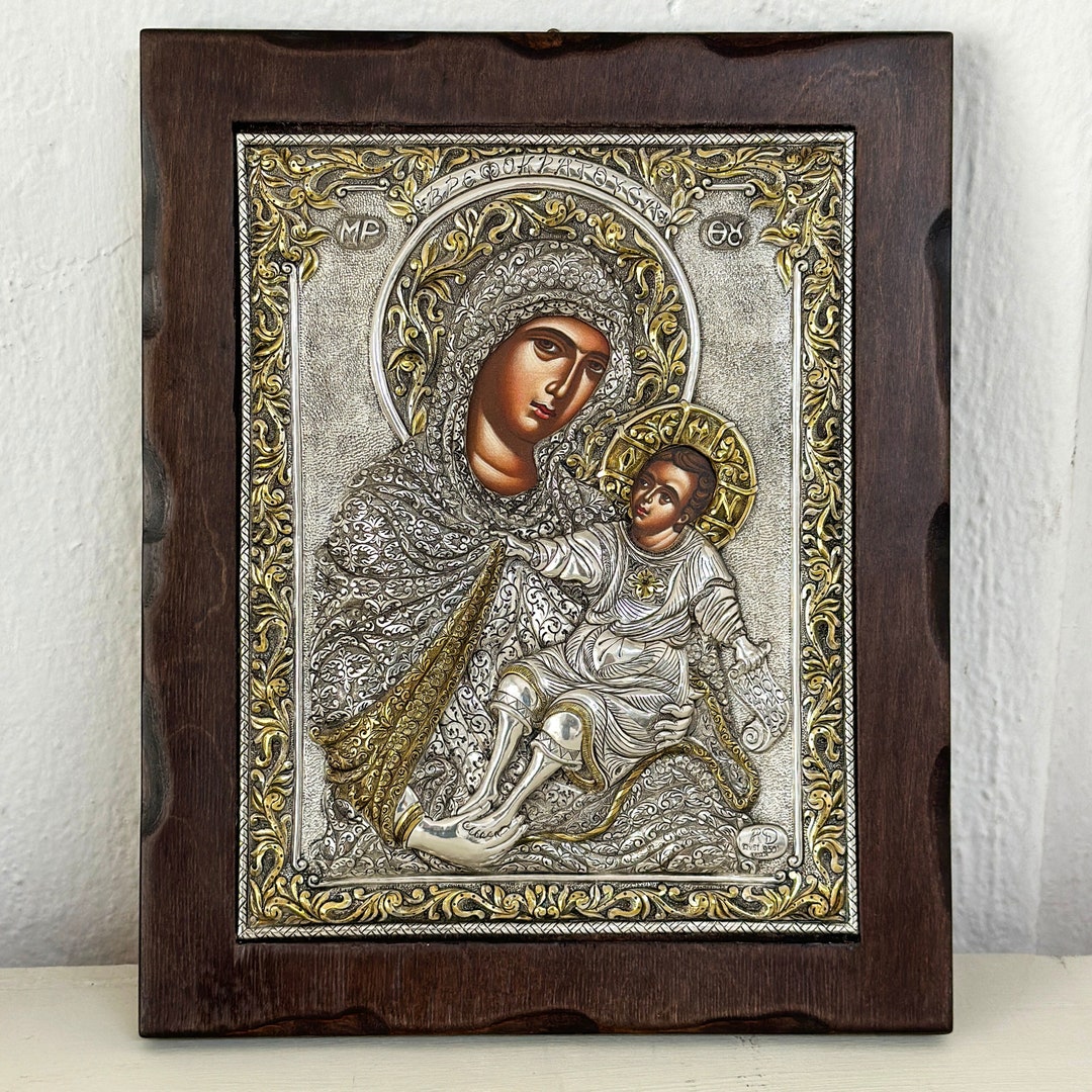Impressive Virgin Mary Engraved Solid Silver 950 Icon, Vrefokratousa ...