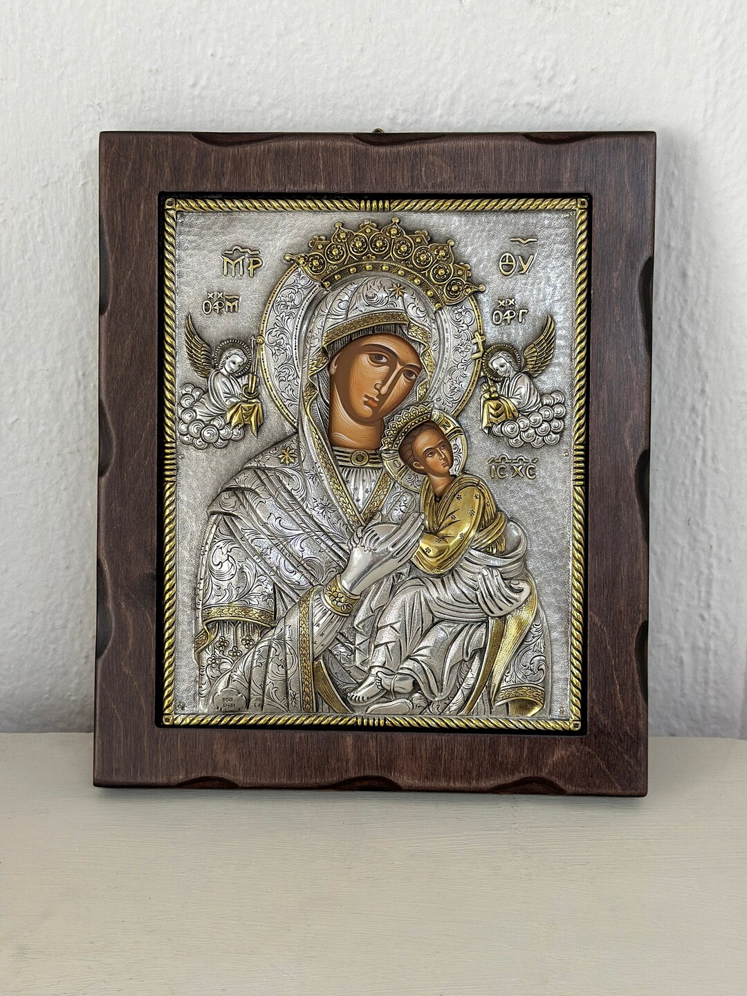 Virgin Mary Engraved Solid Silver 950 Icon, Mary and Baby Jesus Greek ...