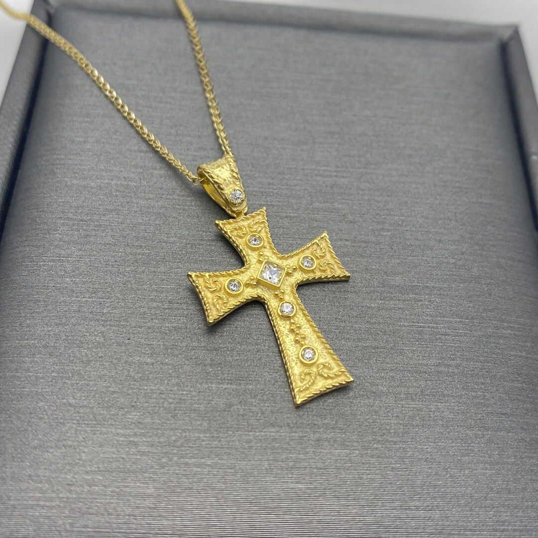 Handmade Solid Gold 18K Cross or Solid 14K Gold With White Cubic ...