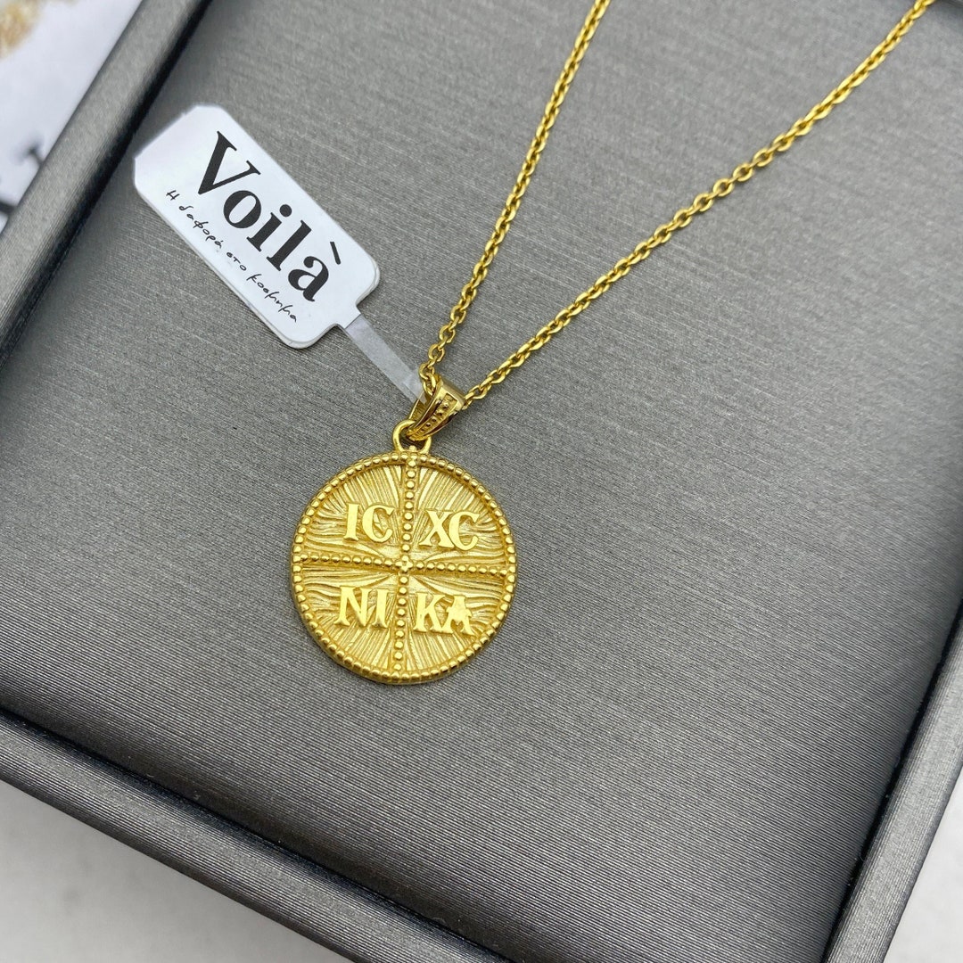 Solid 14K Orthodox Constantinato Pendant Zircon, Byzantine Style Double ...