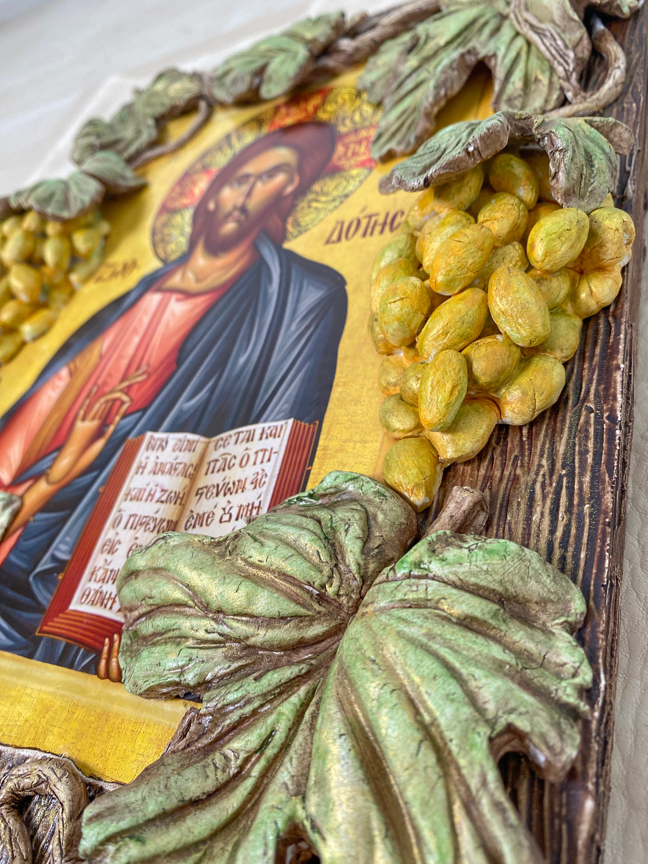 Jesus Christ Icon Handmade on Wood With Vine Leaves and Grapes ...