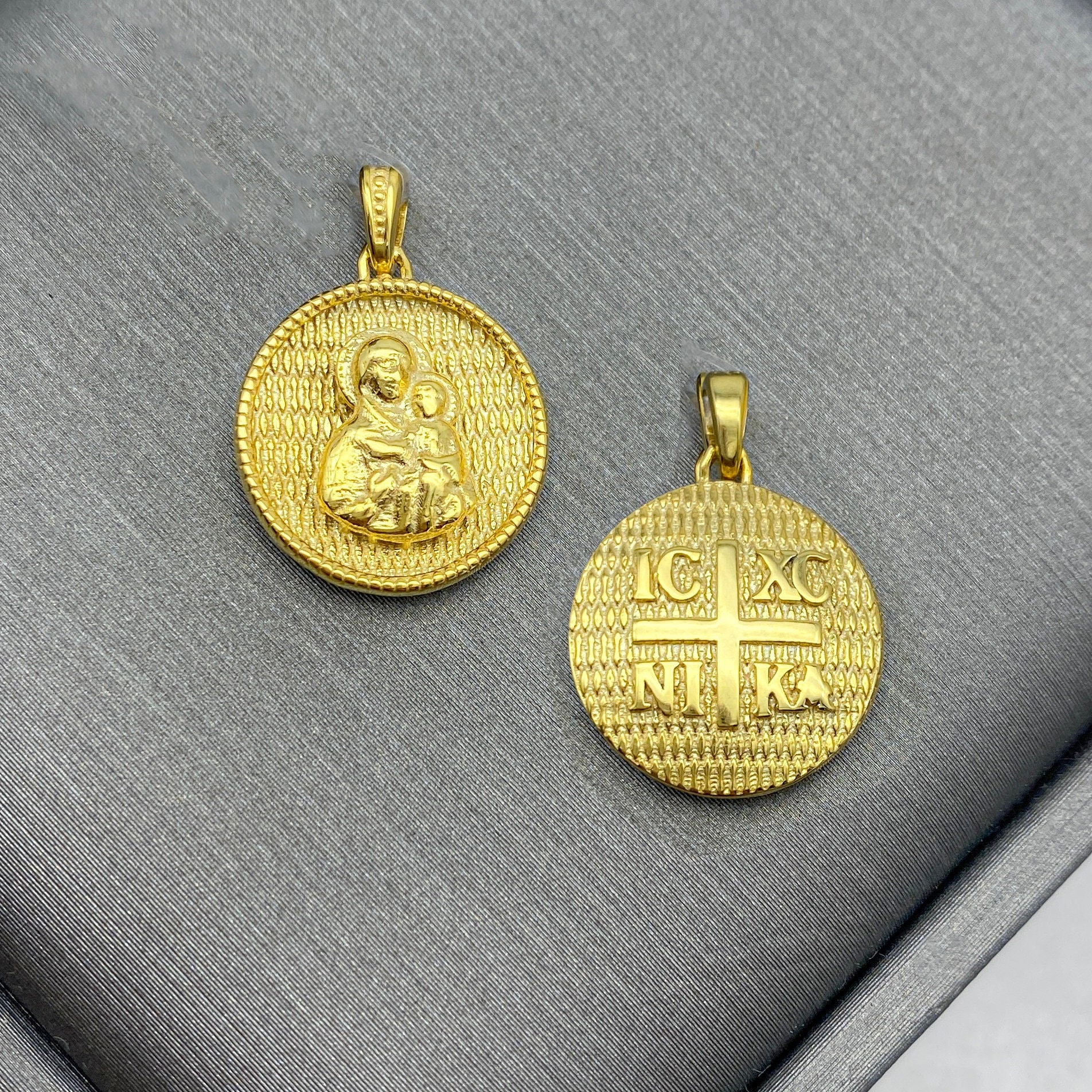 Solid 14K Double Sided Virgin Mary and Constantinato Pendant, Byzantine ...