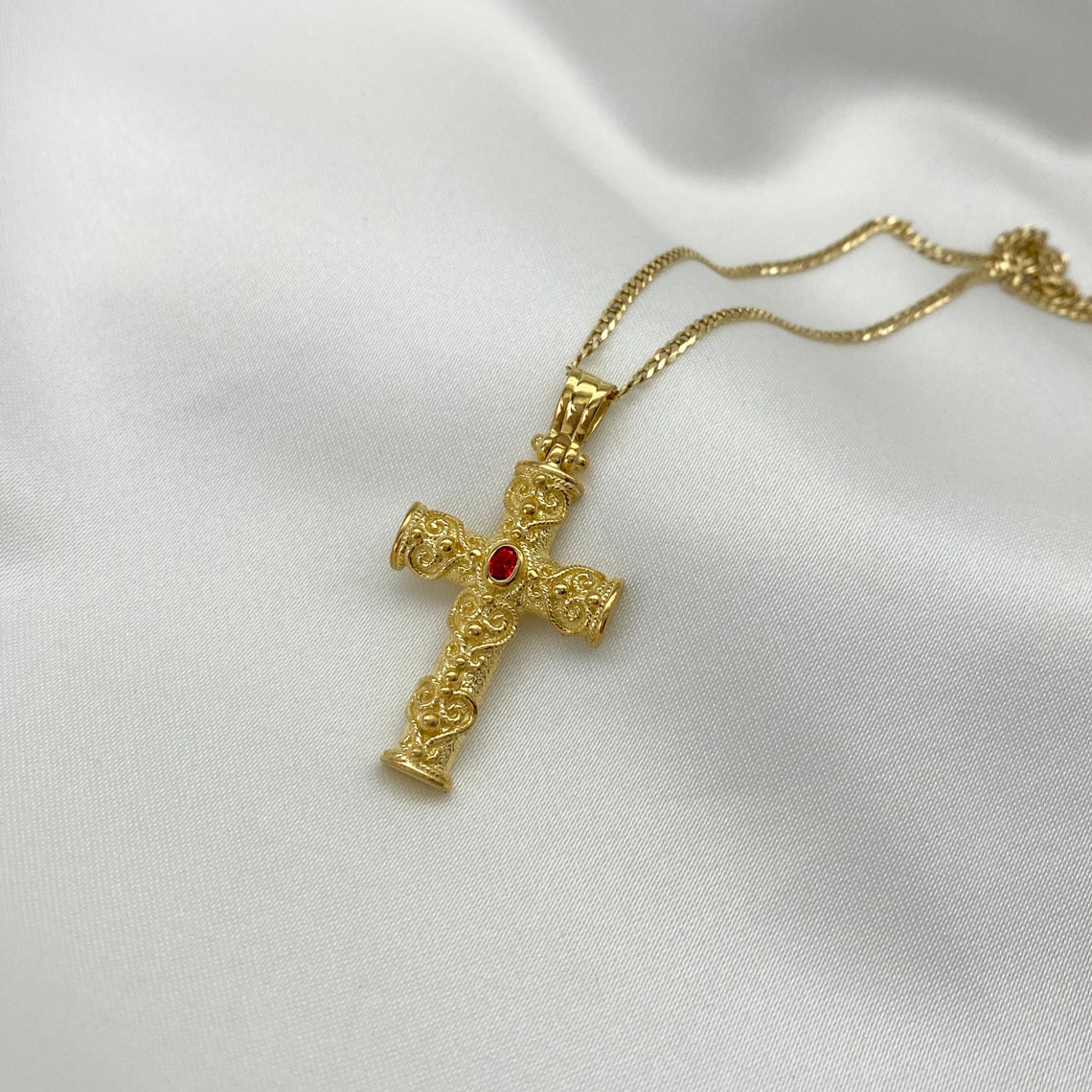 Byzantine Cross Solid Gold 14K or 18K With Ruby or Blue Sapphire or ...