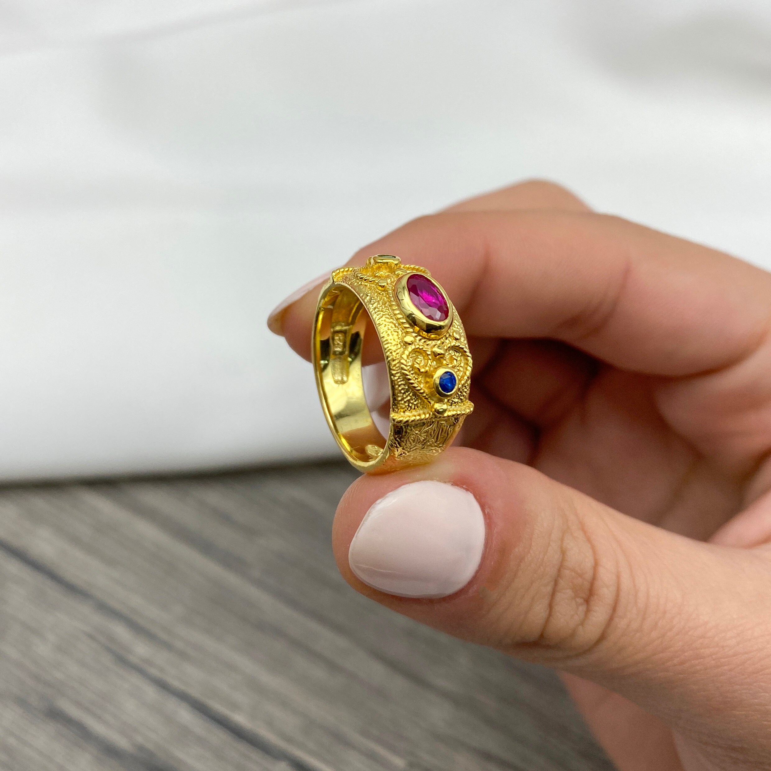 Greek Byzantine Ring K18 Solid Gold or 14K Gold and Gem Stones Ruby ...