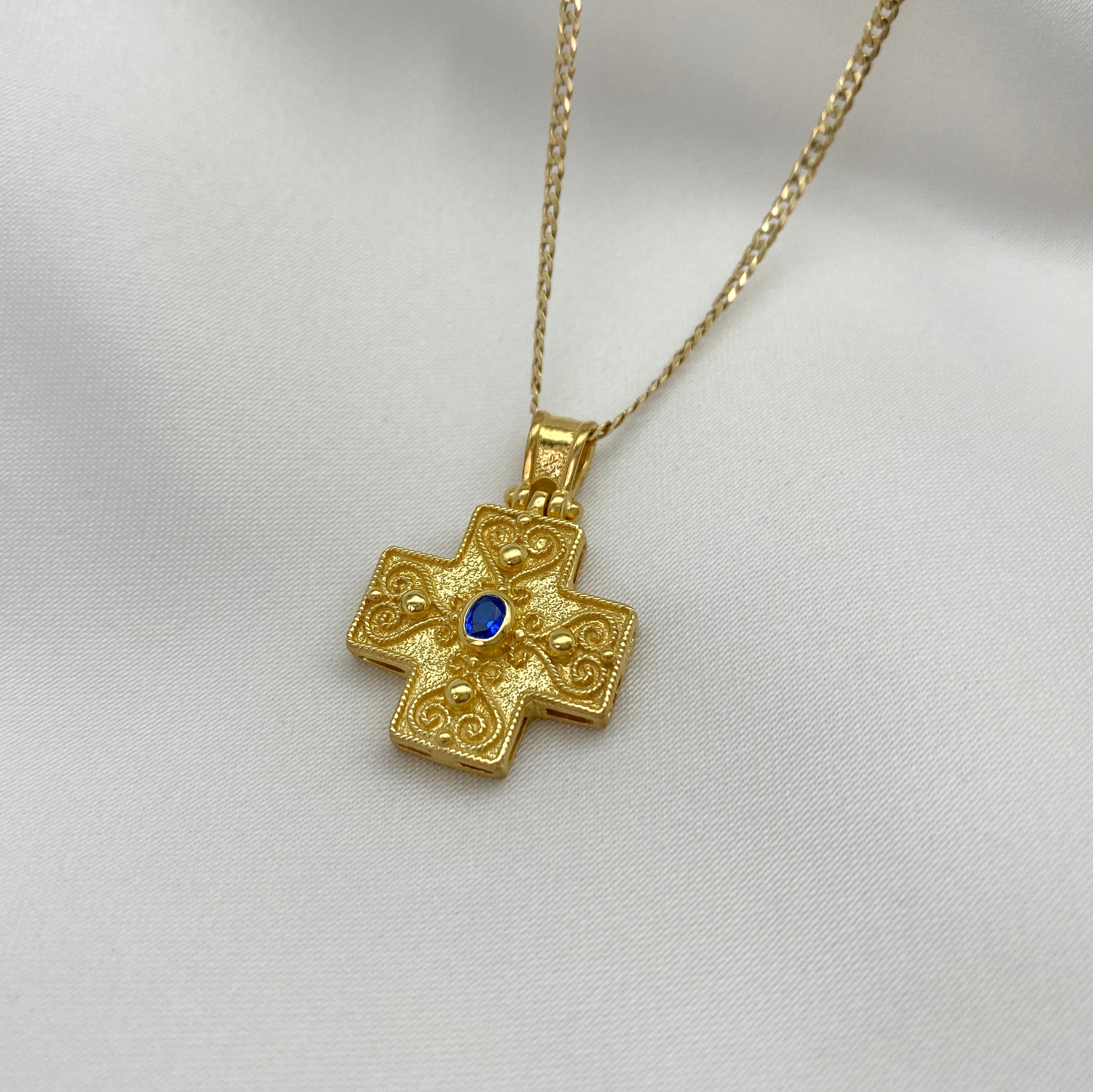 Byzantine Solid 14K or 18K Gold Cross With Blue Sapphire Oval Cut Stone ...