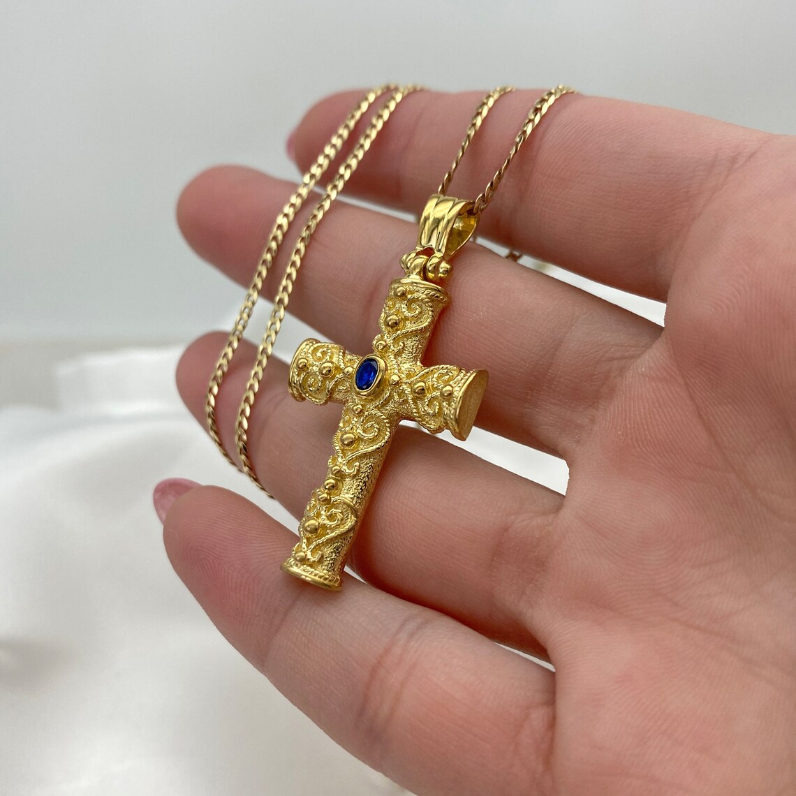 Byzantine Cross Solid Gold 14K or 18K With Ruby or Blue Sapphire or ...