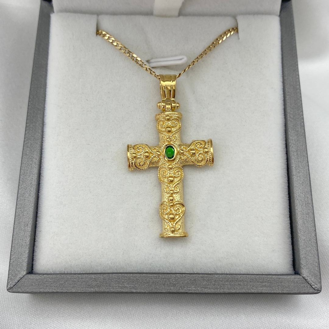 Byzantine Cross Solid Gold 14K or 18K With Ruby or Blue Sapphire or ...