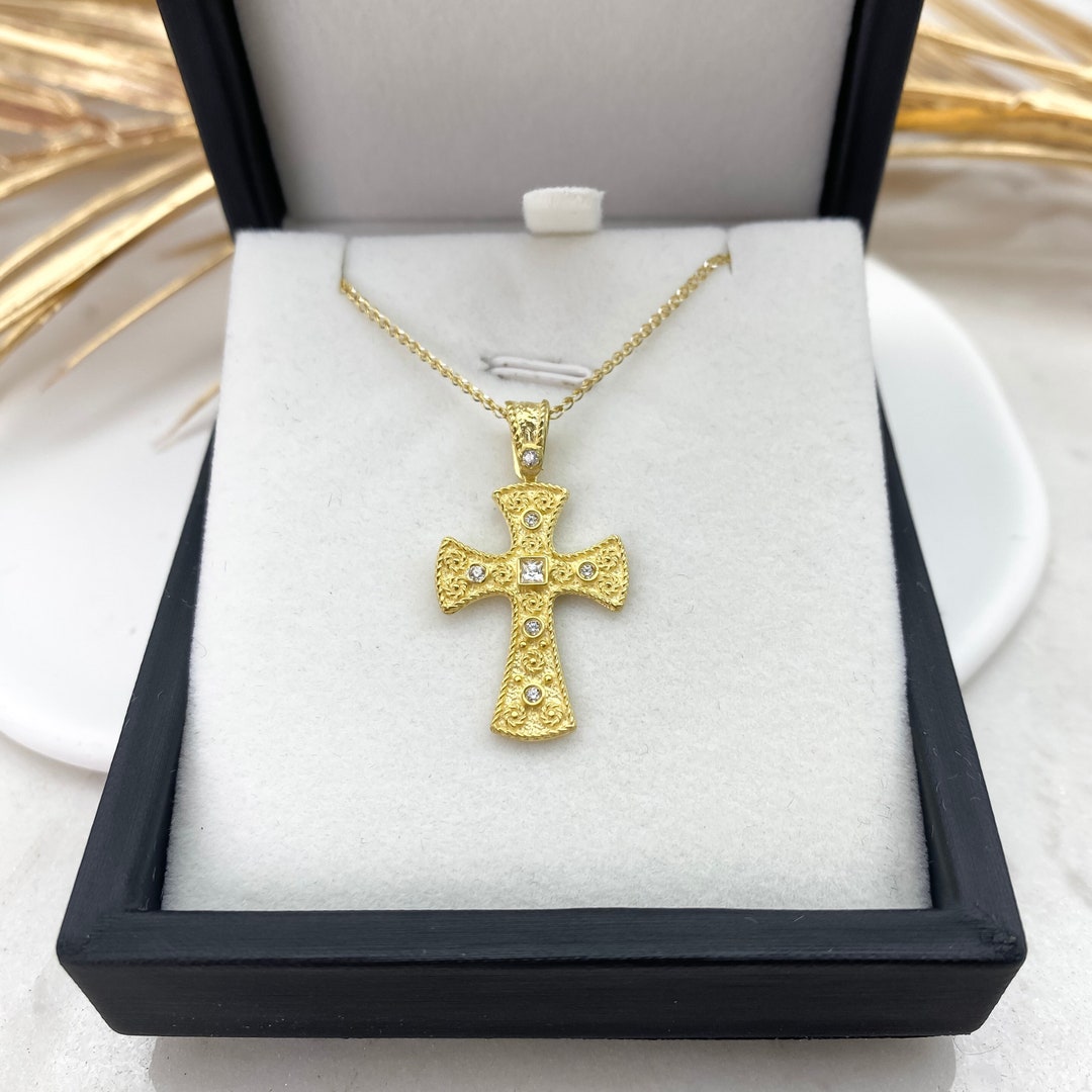 Handmade Solid Gold 18K Cross or Solid 14K Gold With White Cubic ...