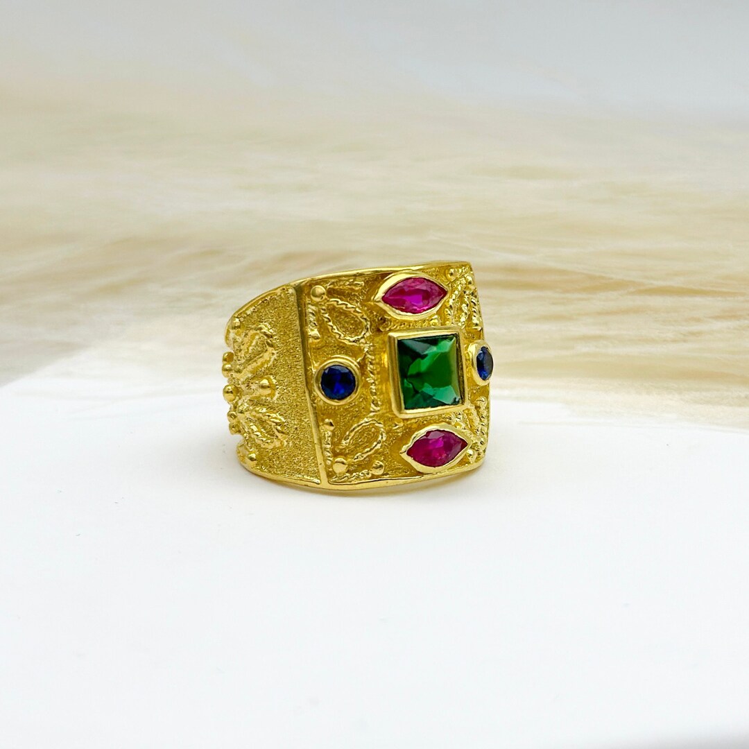 Byzantine Solid 14K or 18K Gold Ring With Natural Stones, Unisex ...