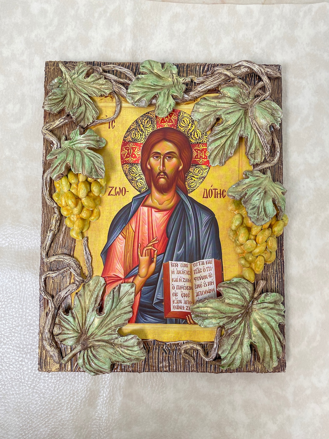 Jesus Christ Icon Handmade on Wood With Vine Leaves and Grapes ...