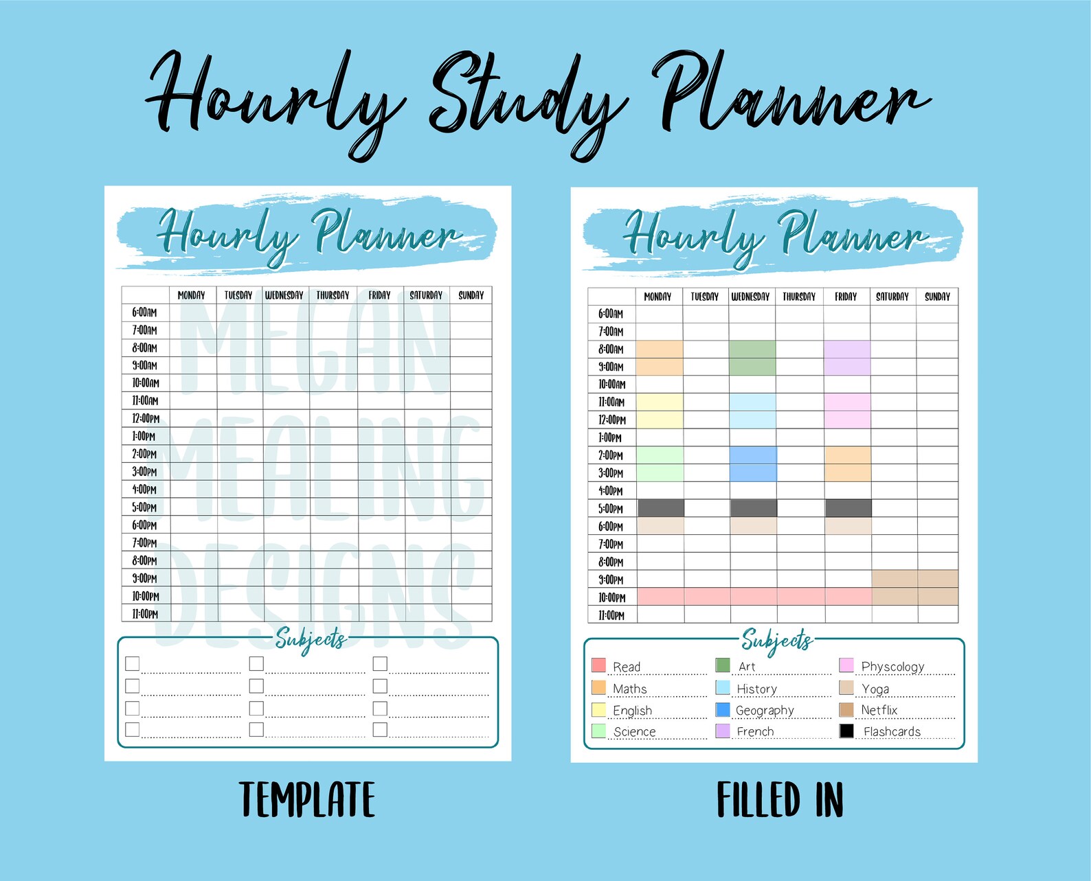 DIGITAL PRINTABLE Study Planner Hourly Daily Monthly BLUE Etsy
