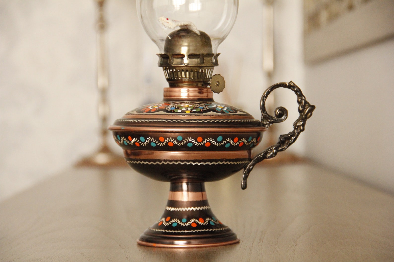 Big Vintage Oil Lamp, Copper Oil Lamp, Gas Lamp, Pottery Oil Lamp, Home ...