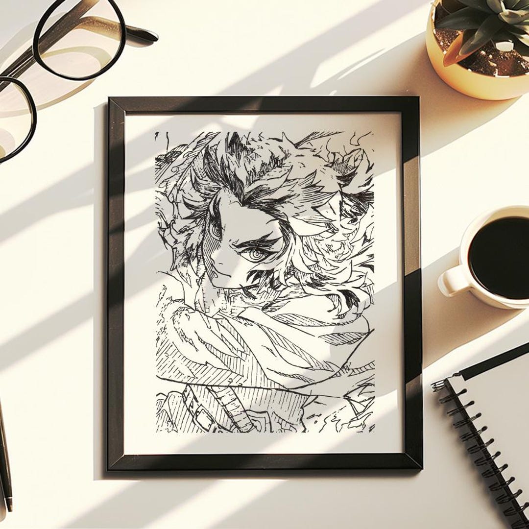 Hand Drawn (not a Print) Demon Slayer Kyojuro Rengoku Framed Pen & Ink ...