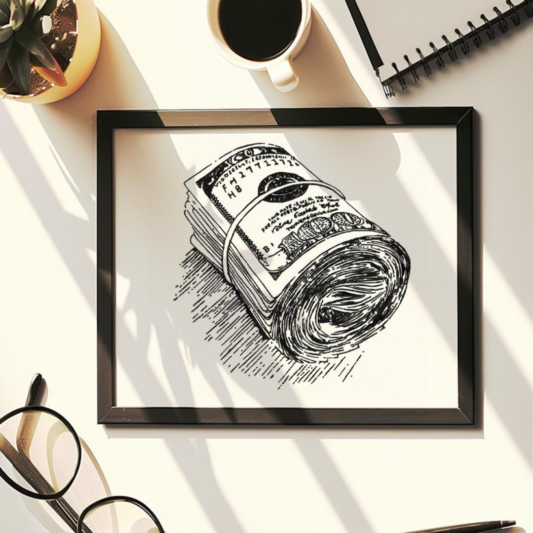 Hand Drawn (not a Print) Money Roll Framed Pen & Ink Art Drawing ...