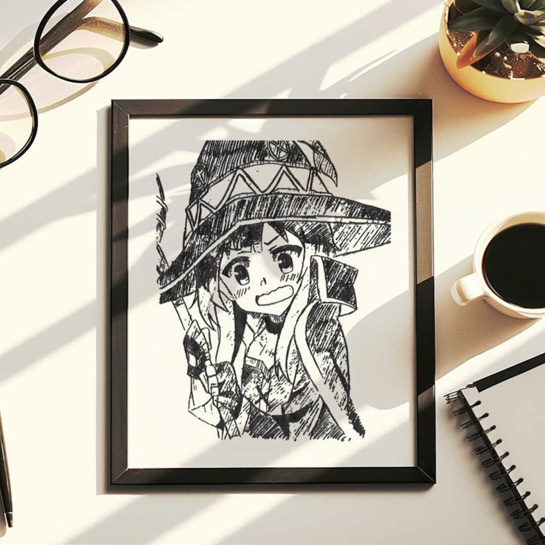 Hand Drawn (not a Print) Megumin Konosuba Framed Pen & Ink Art Drawing ...