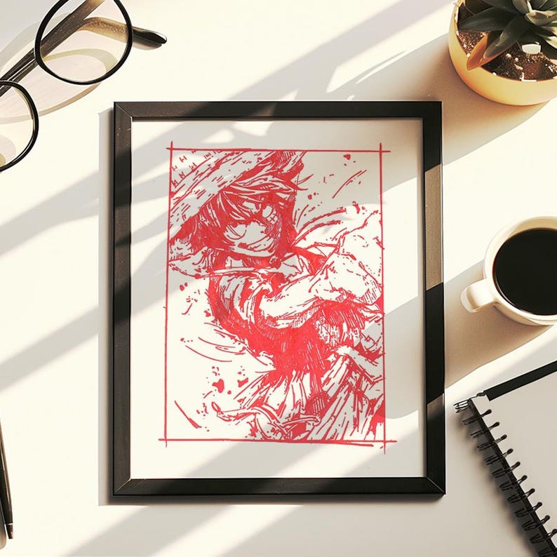 Hand Drawn (not a Print) One Piece Luffy Framed Pen & Ink Art Drawing ...
