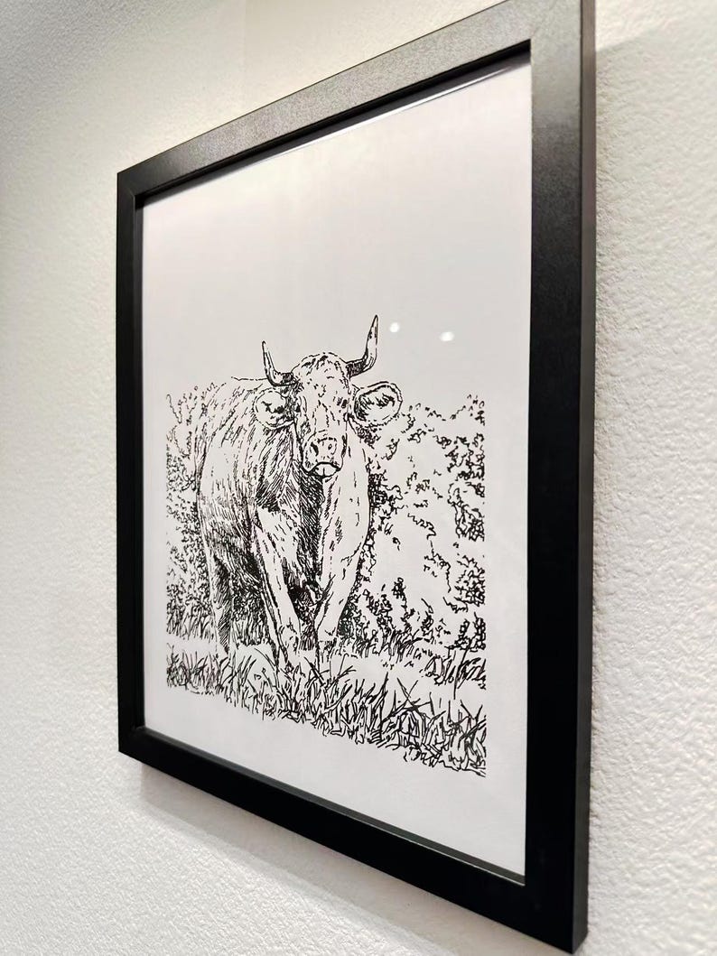 Hand Drawn (not a Print) Cow Line Art Framed Pen & Ink Art Drawing ...