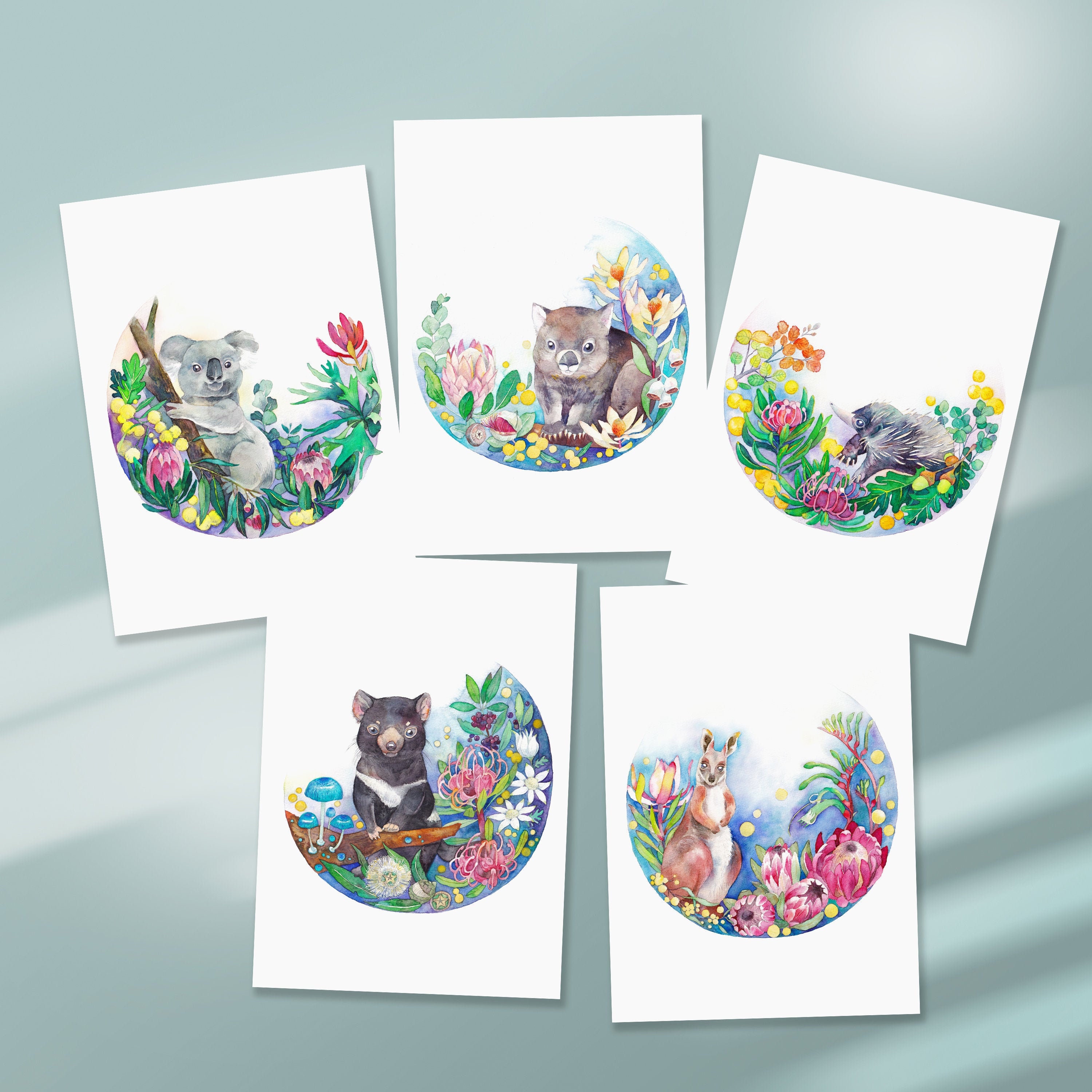 Australian animals postcards: Tasmanian Devil, Koala, Wombat, Wallaby ...