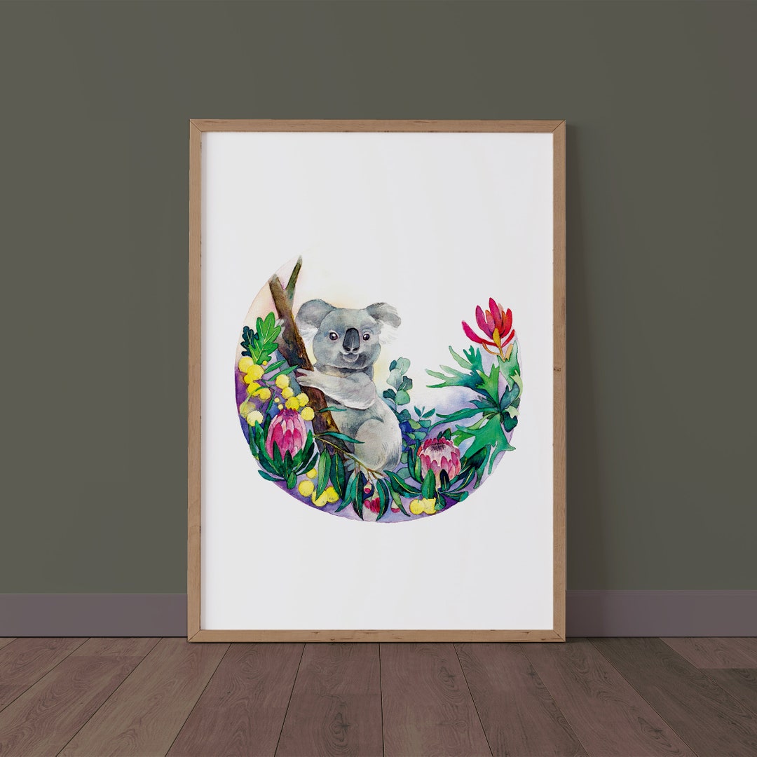 Koala Watercolour Art Print, Australian Natives Plant Drawing, Wall Art ...