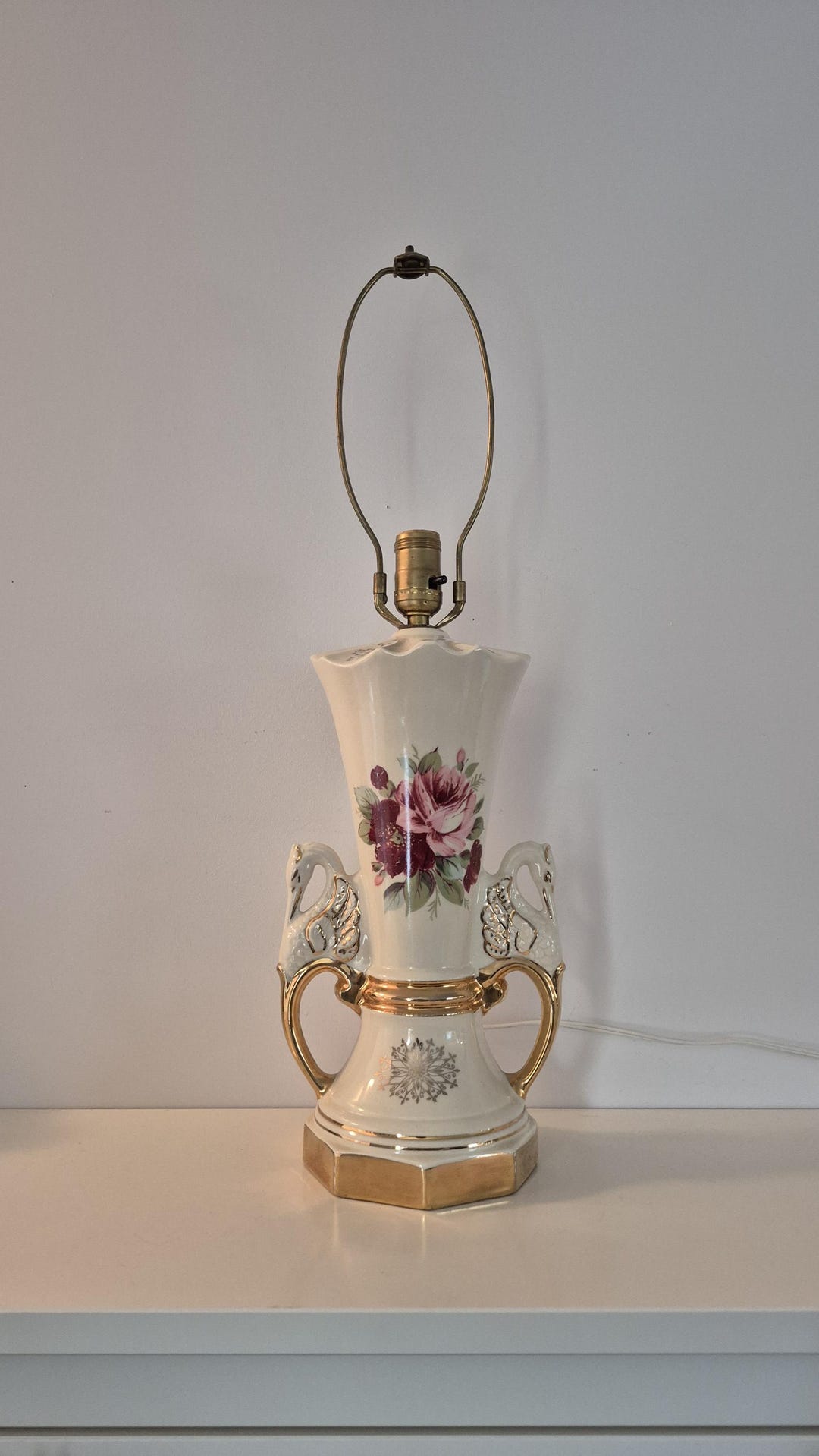 Vintage Floral Table Lamp | 1940s Ceramic With Swan Handles - Etsy