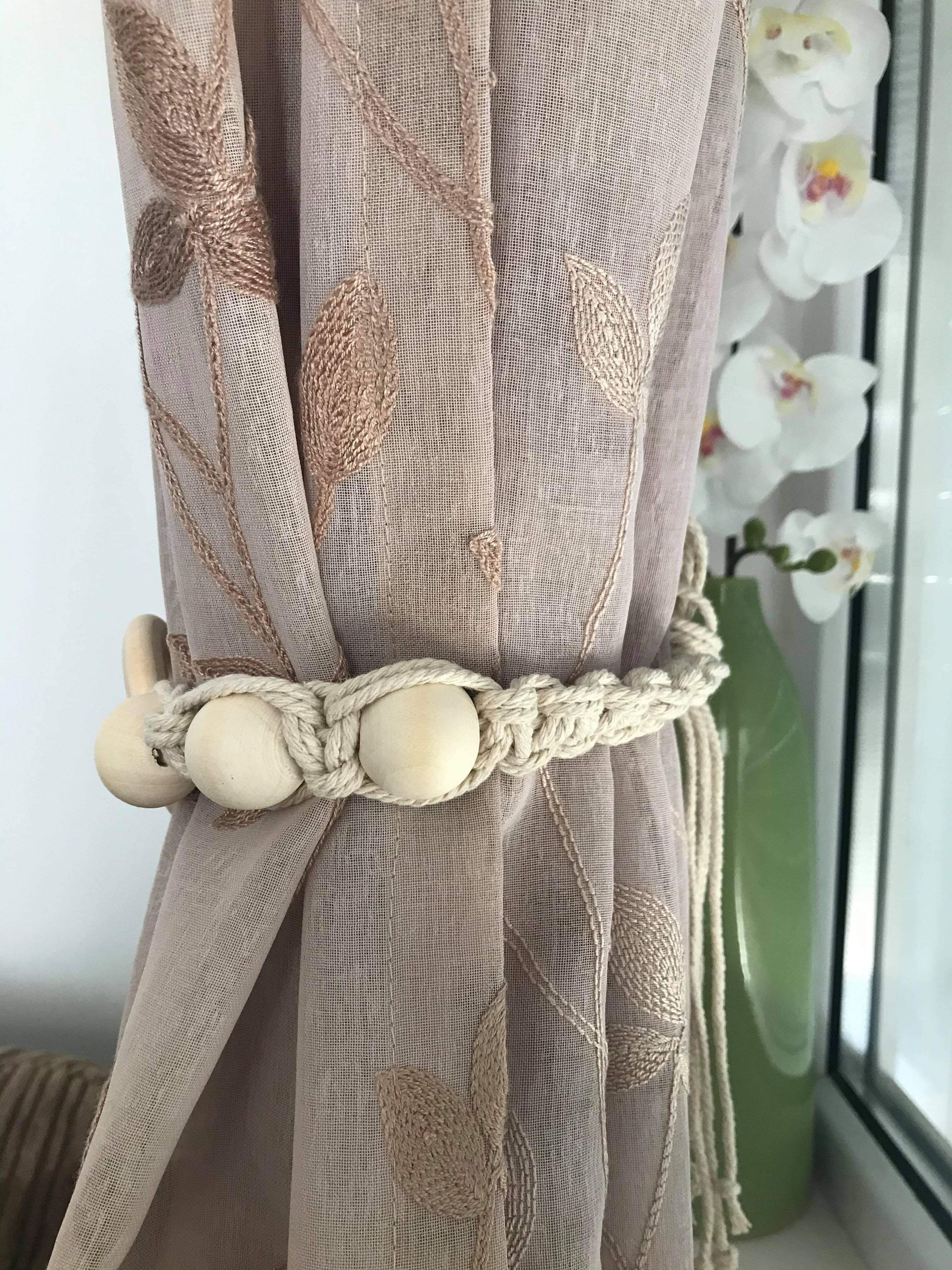 Natural Handmade Curtain Tie Back, Wooden Ring and Beads, Assembled ...