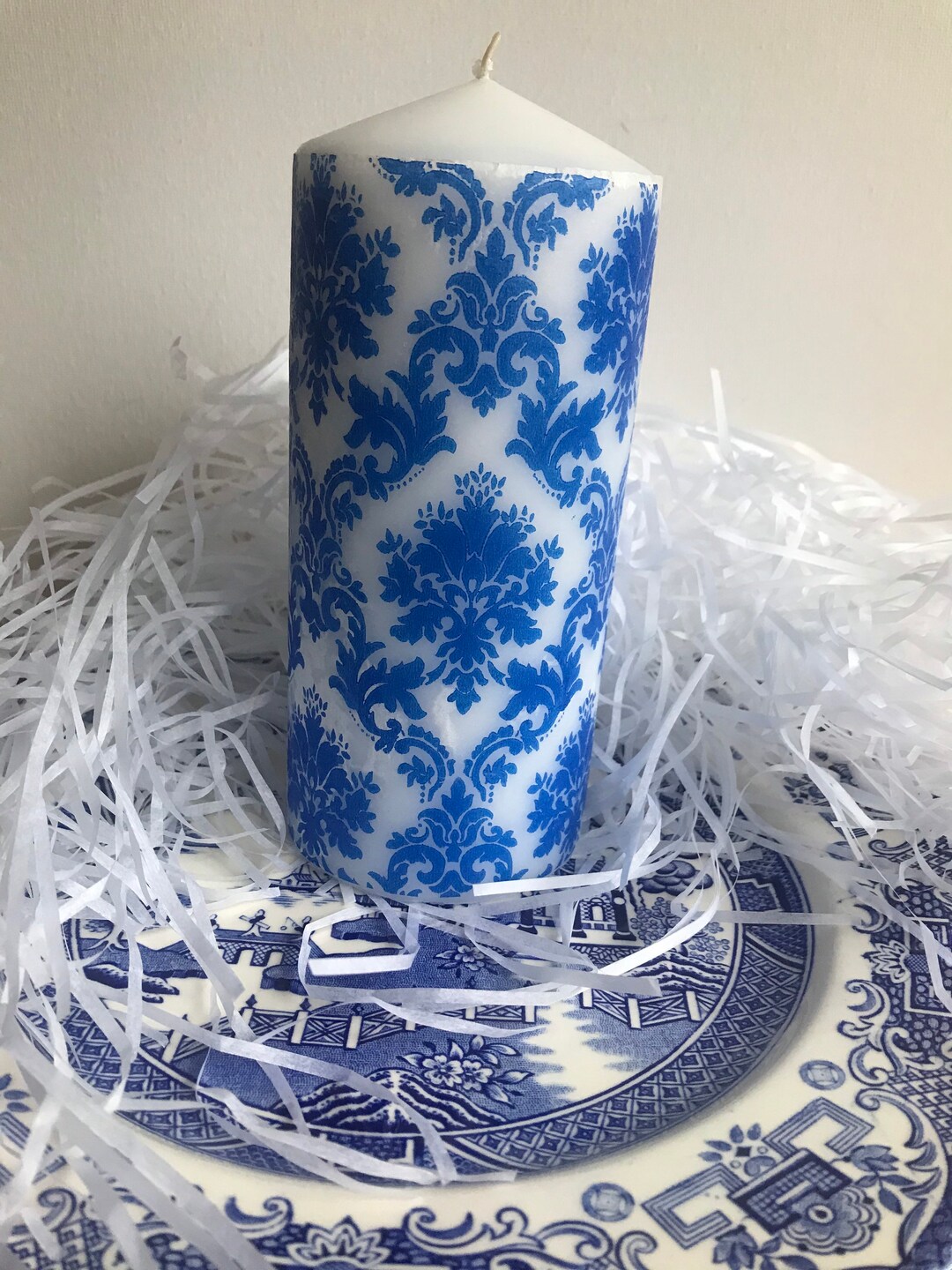 Blue and white porcelain floral pattern candle, decoupage pillar candle ...