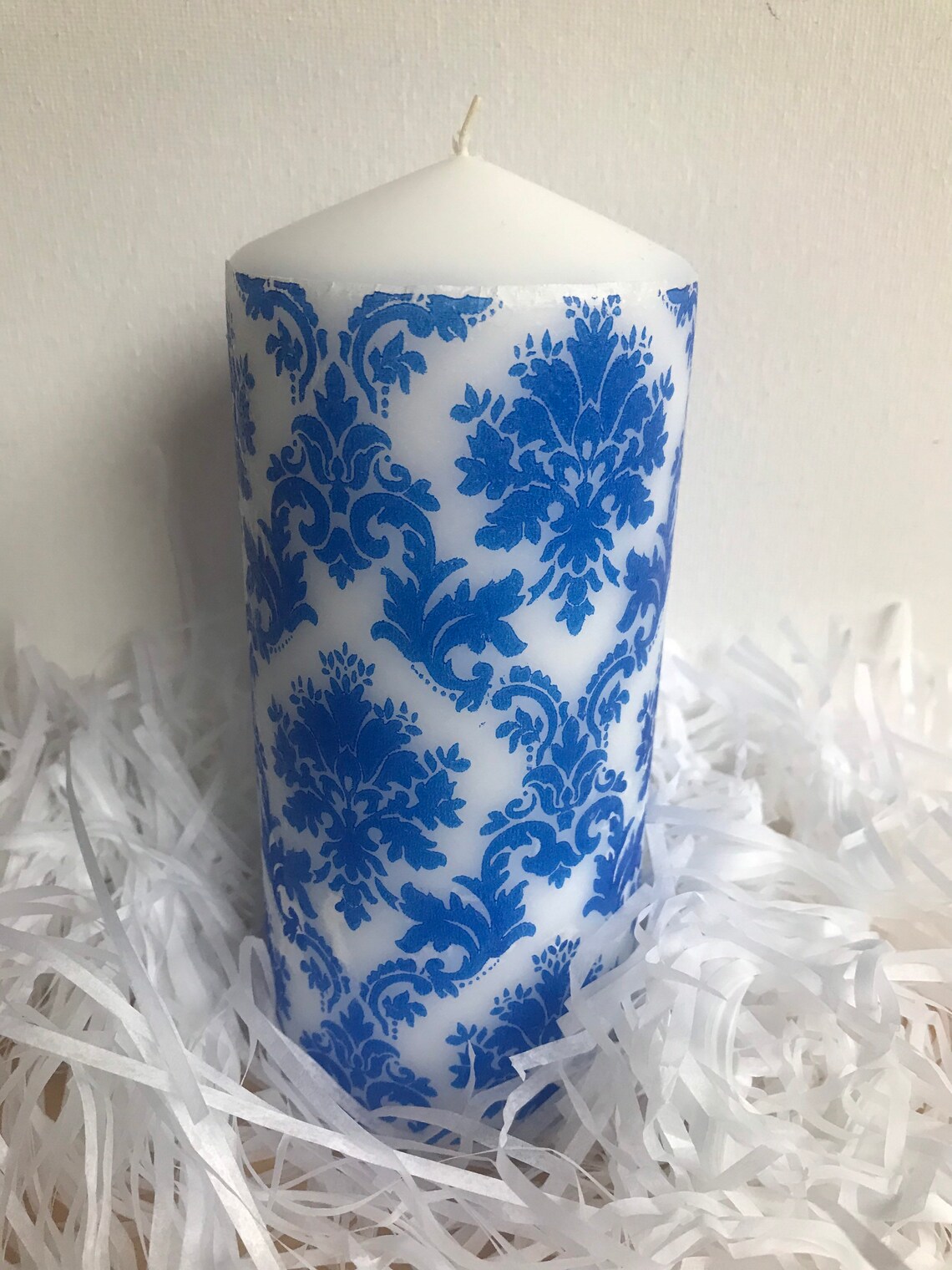 Blue and white porcelain floral pattern candle, decoupage pillar candle ...