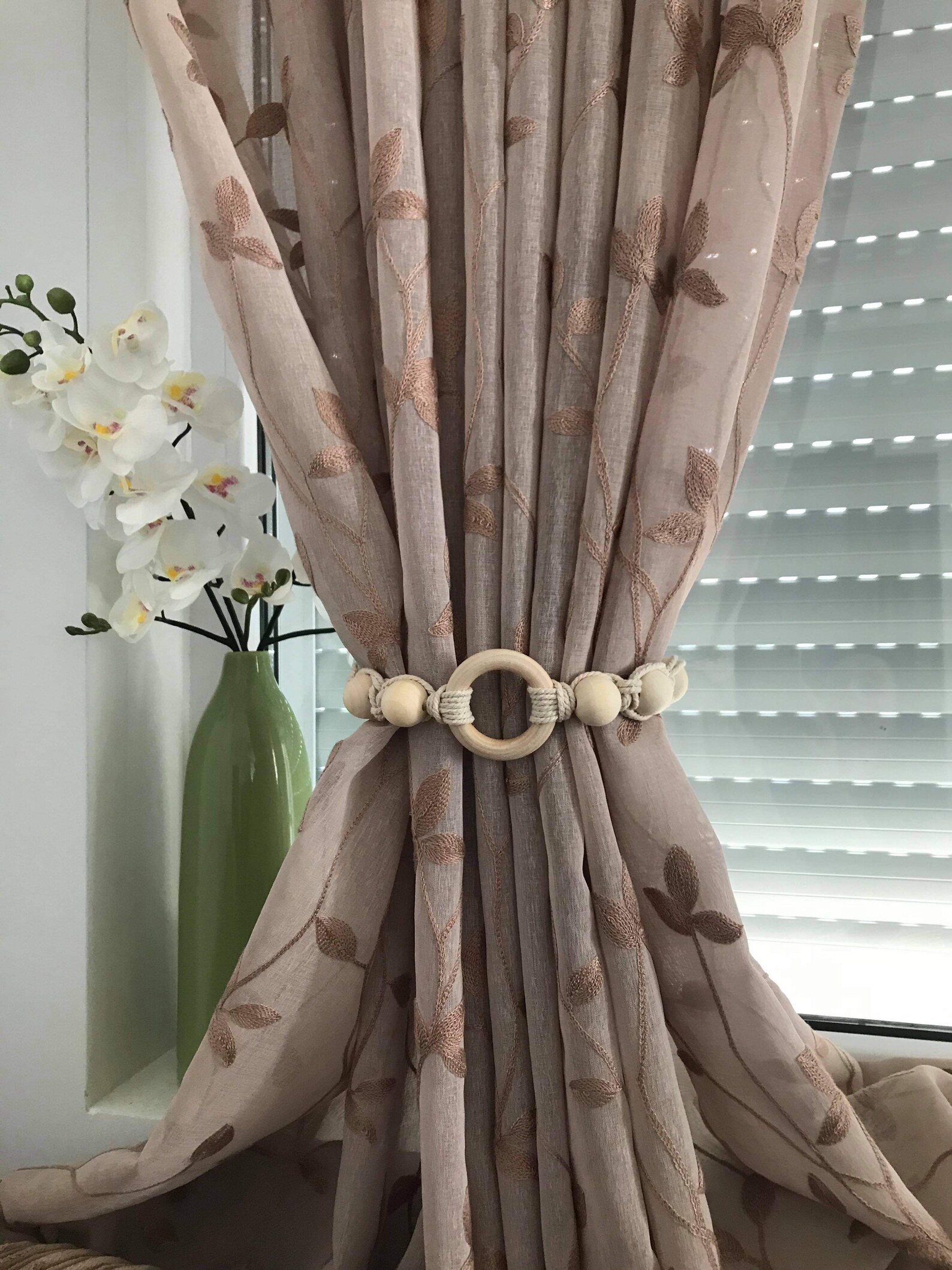 Natural Handmade Curtain Tie Back, Wooden Ring and Beads, Assembled ...