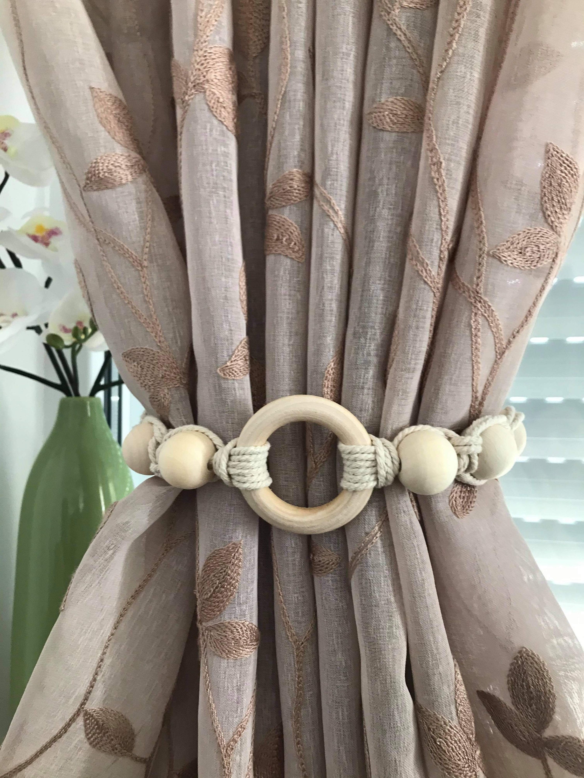 Natural Handmade Curtain Tie Back, Wooden Ring and Beads, Assembled ...