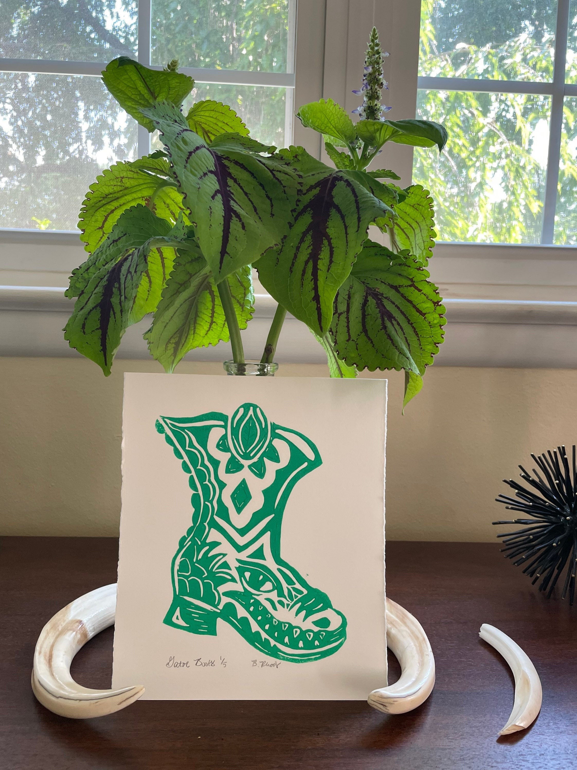 Handmade Linocut Alligator Cowboy Boot Print - Etsy