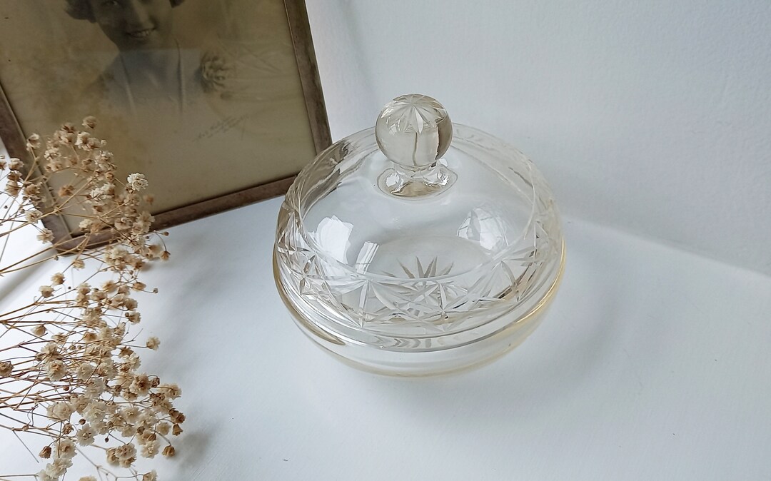 Antique Cut Glass Powder Bowl Art Deco Hand Cut Glass 1920s Vanity Pot ...