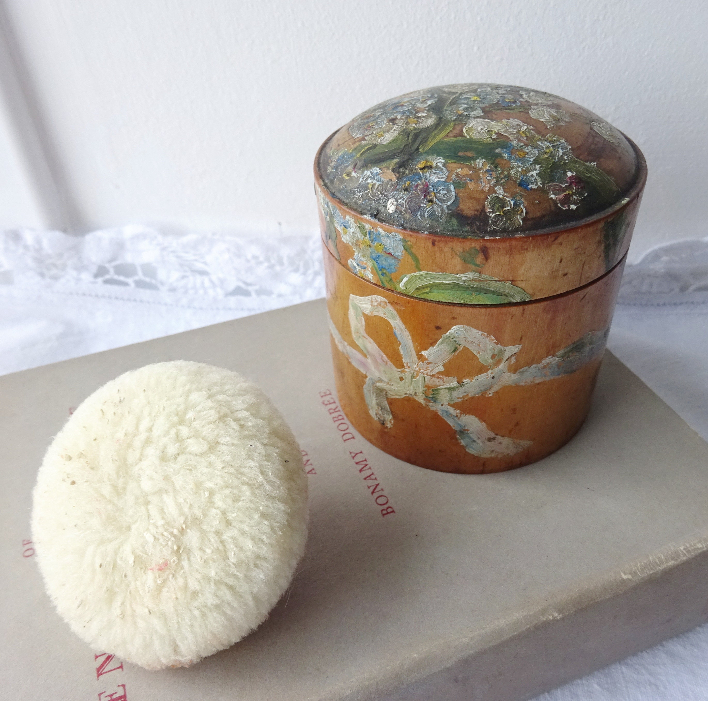 Antique Treen Powder Pot & Puff Folk Art Wooden Pot Hand Painted Lily ...
