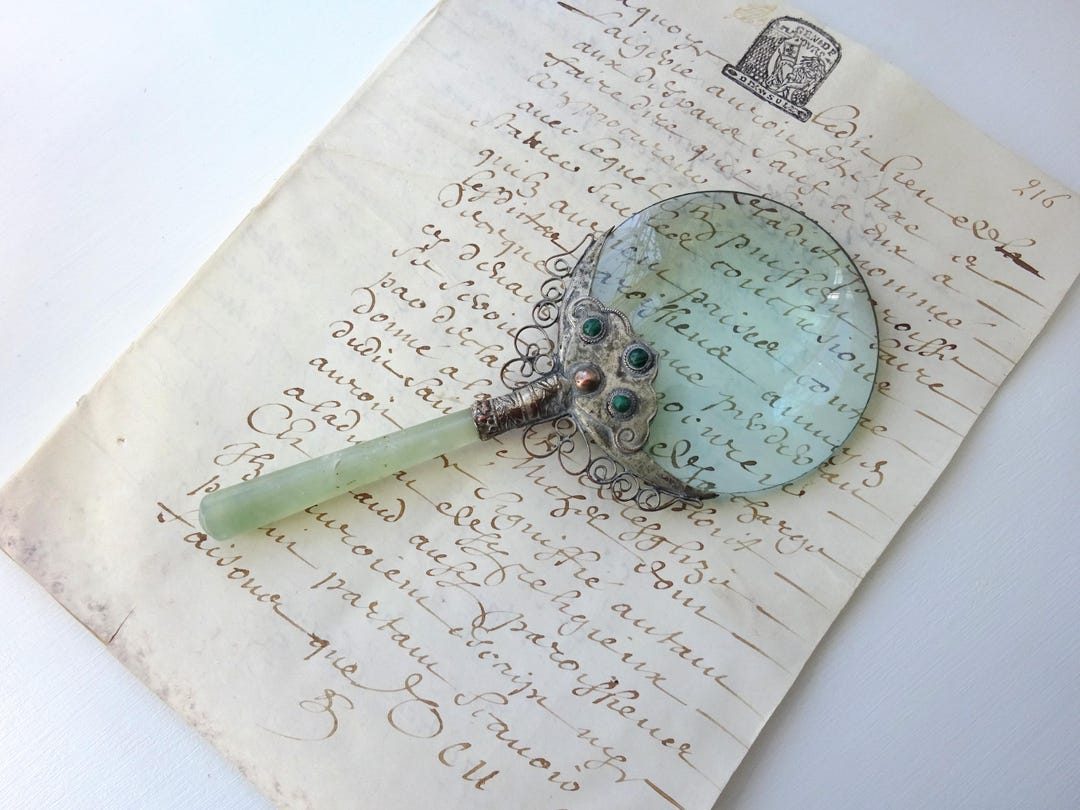 Antique Chinese Jade Handled Magnifying Glass, Silver ? Mounted Scroll ...