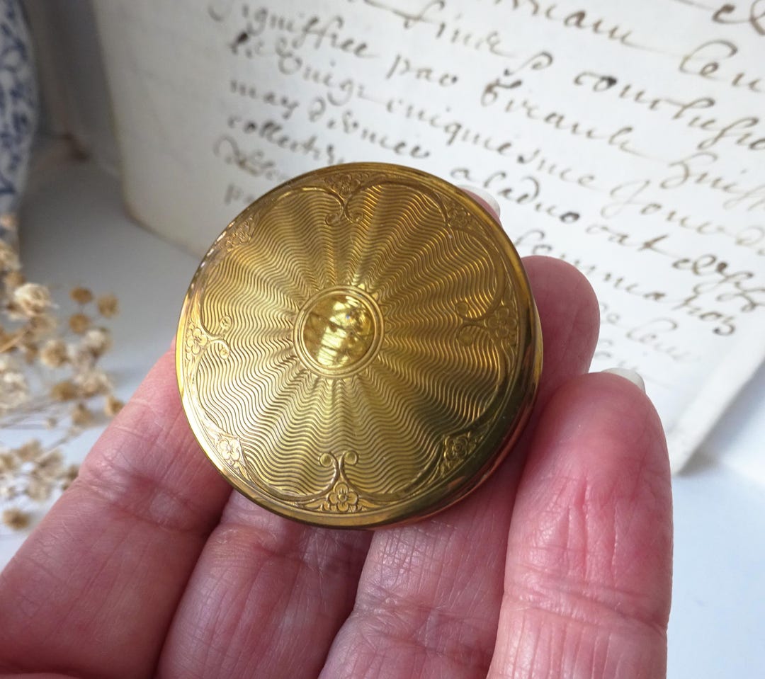 Vintage Brass Pill Box or Small Rouge Compact ~ Engine Turned Lid and ...