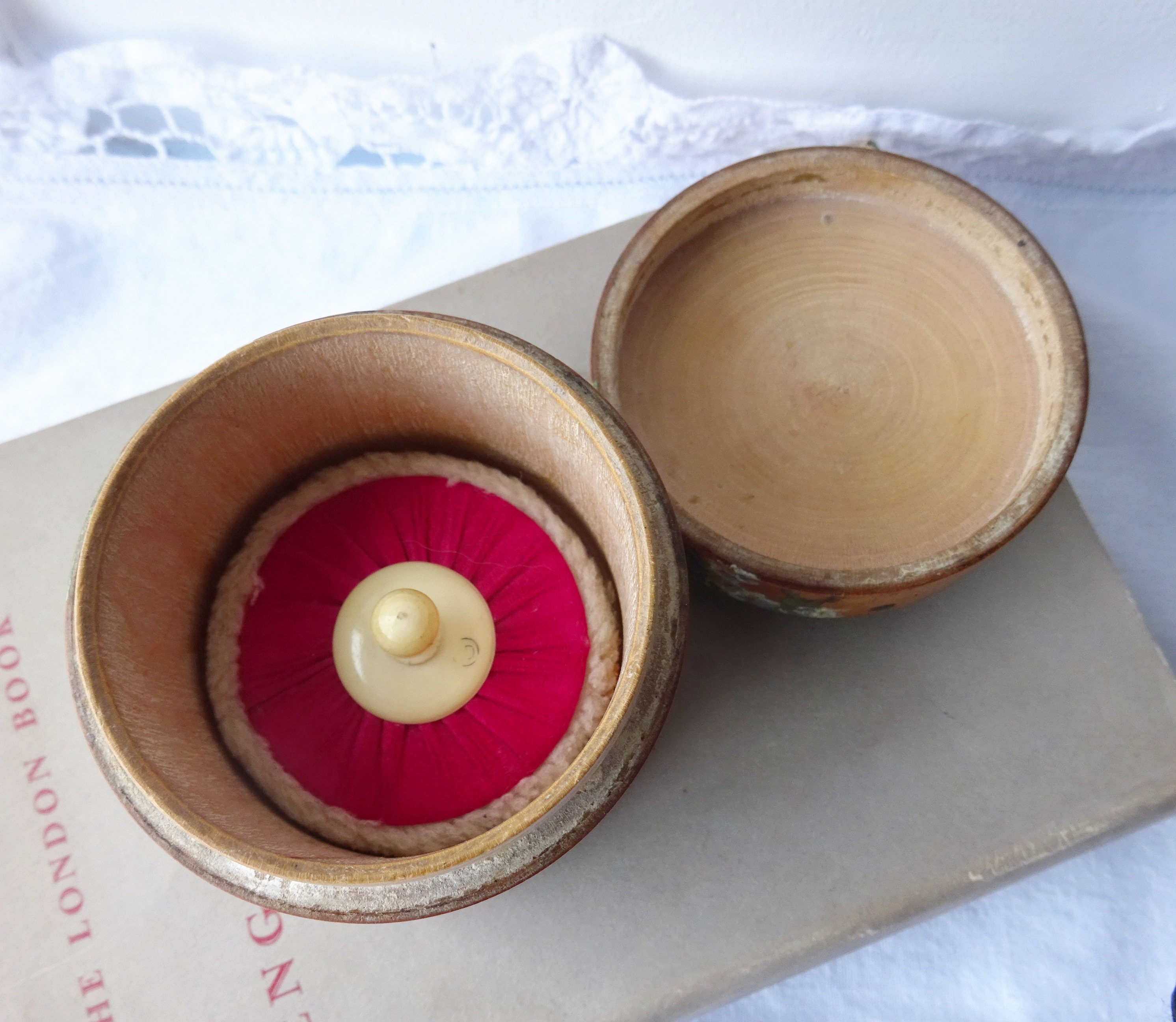 Antique Treen Powder Pot & Puff Folk Art Wooden Pot Hand Painted Lily ...