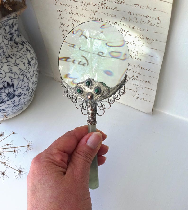 Antique Chinese Jade Handled Magnifying Glass, Silver ? Mounted Scroll ...