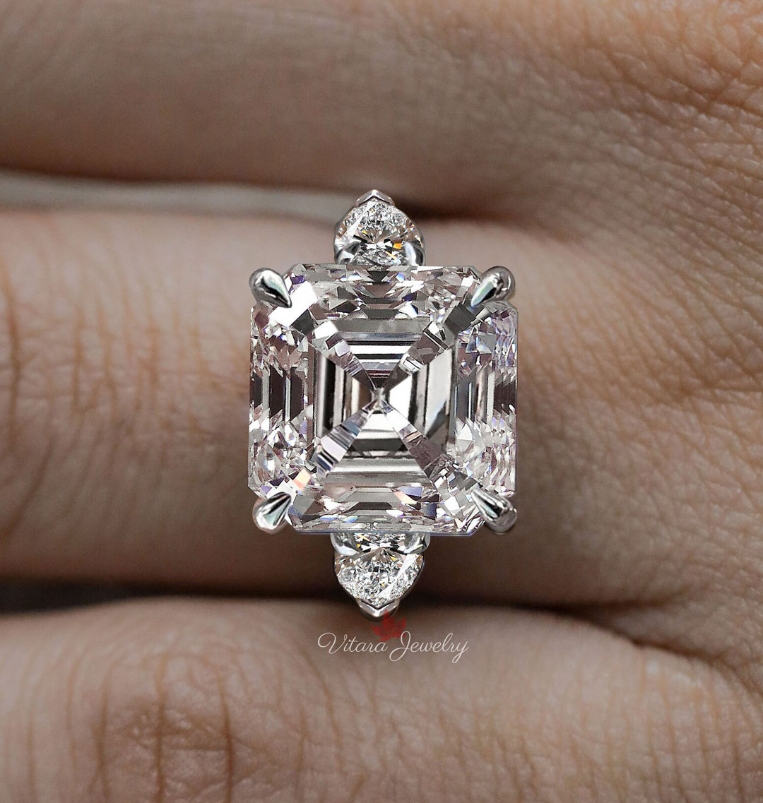 10 CT Three Stone Asscher Cut Moissanite Engagement Ring,white Gold ...