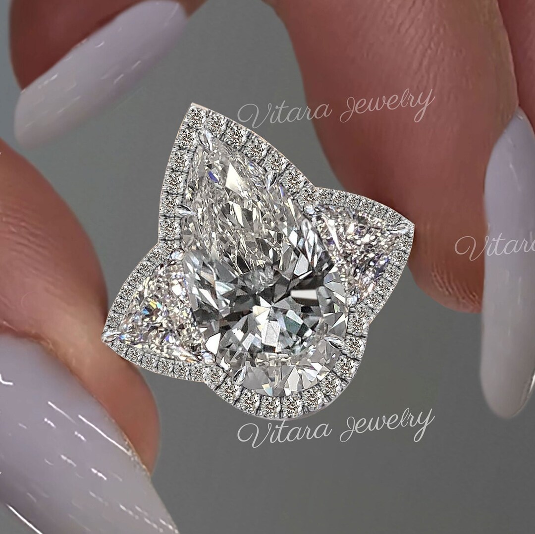 Pear Shaped Moissanite Engagement Ring Three Stone Hidden Halo 14k ...