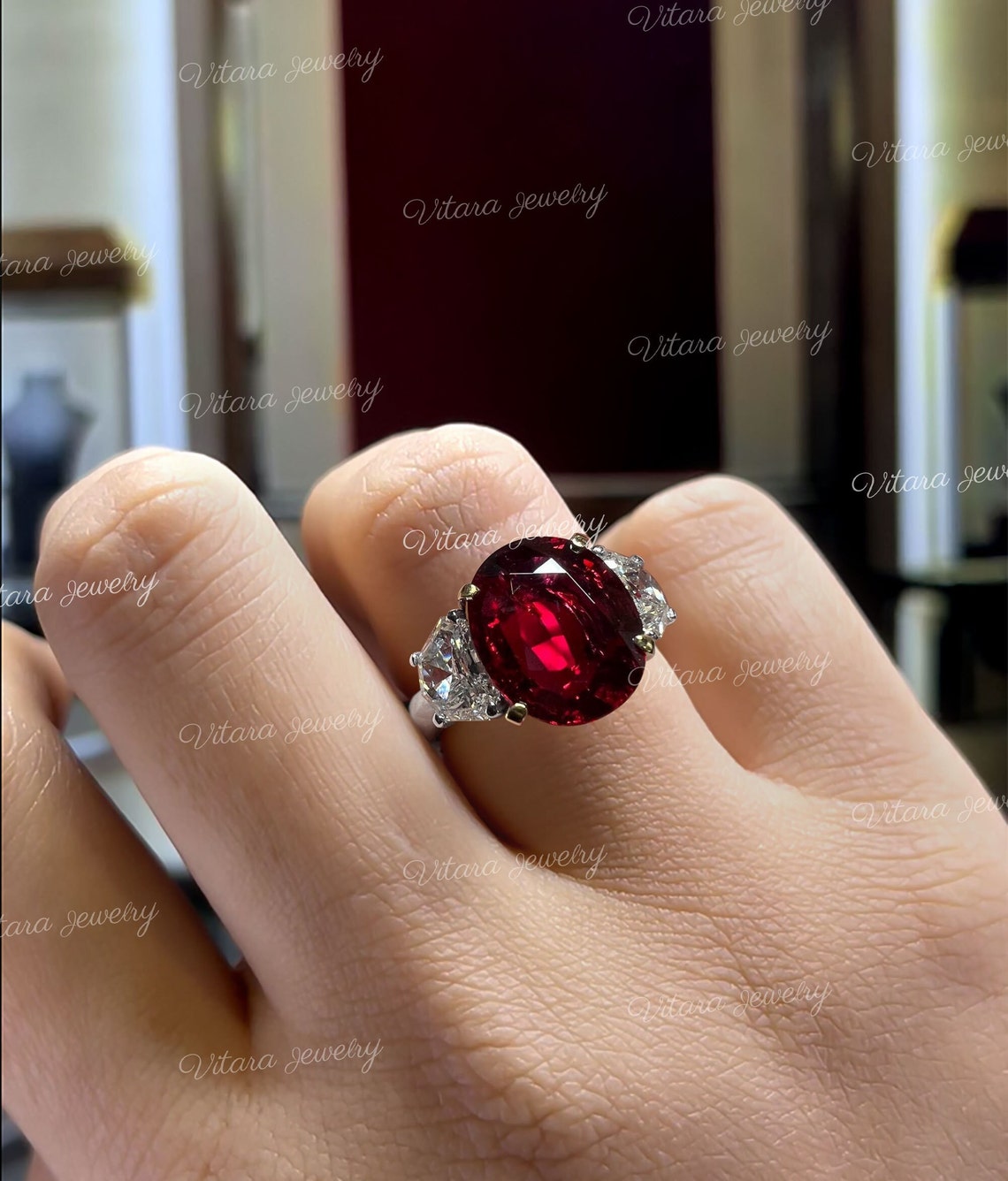 5 CT Oval Ruby Three Stone Ring, 14k White Gold, Art Deco Engagement ...