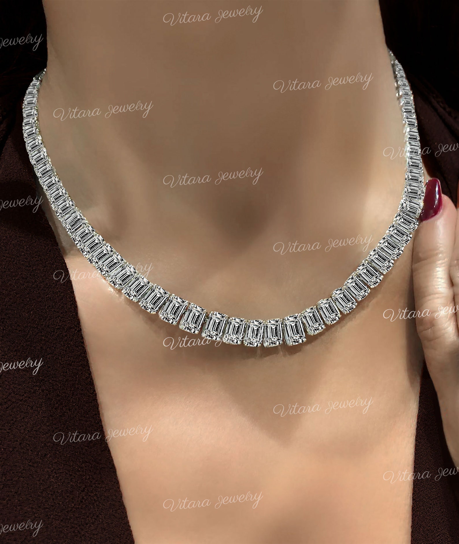 Emerald Cut Tennis Necklace Moissanite Necklace,tennis Choker Necklace ...