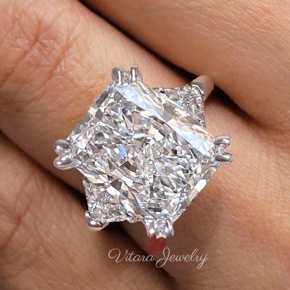 9 CT Radiant Cut Moissanite Engagement Ring three Stone Moissanite Ring celebrity Style Trillion big Large Radiant White Gold Wedding Ring Etsy