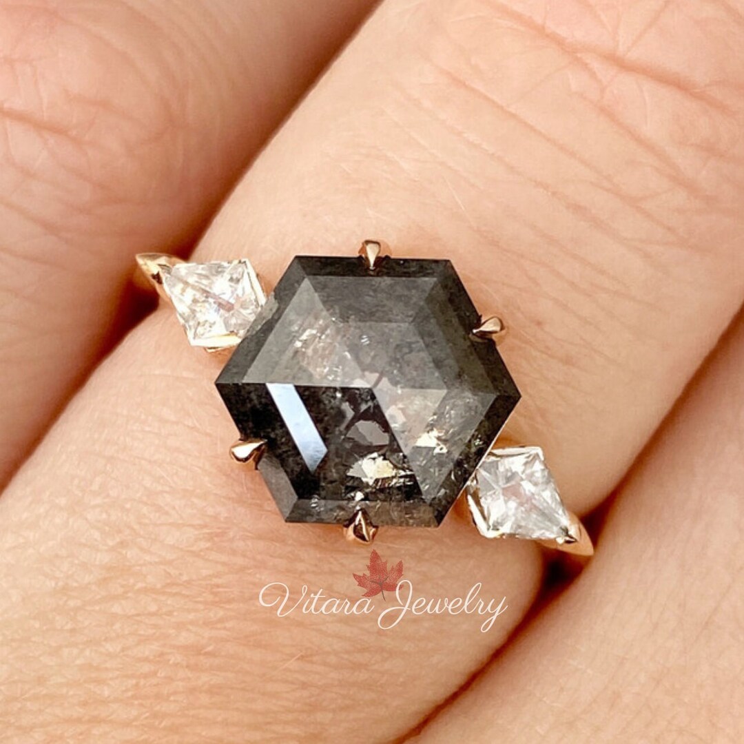 Anillo de diamantes de sal y pimienta hexagonal de 2,9 CT, anillo de ...
