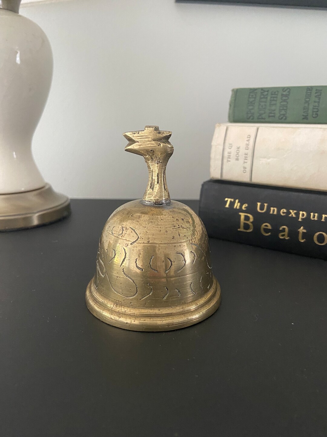 Vintage Etched Brass Small Hand Bell - Etsy
