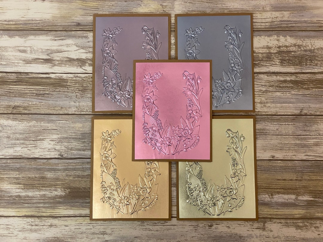Embossed Flower Note Cards: Handmade Foil Spring Greetings (set of 5 ...