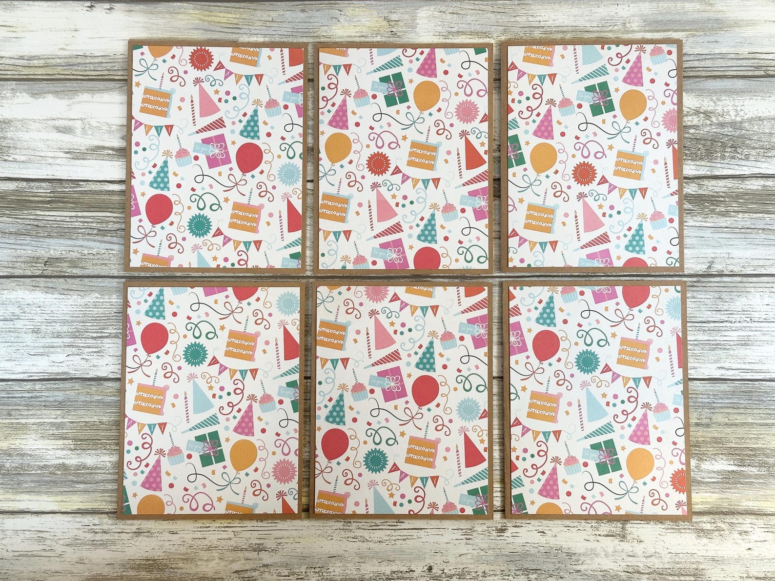 Handmade Birthday Note Cards: Kraft Cardstock, Party Theme, Set of 6 - Etsy