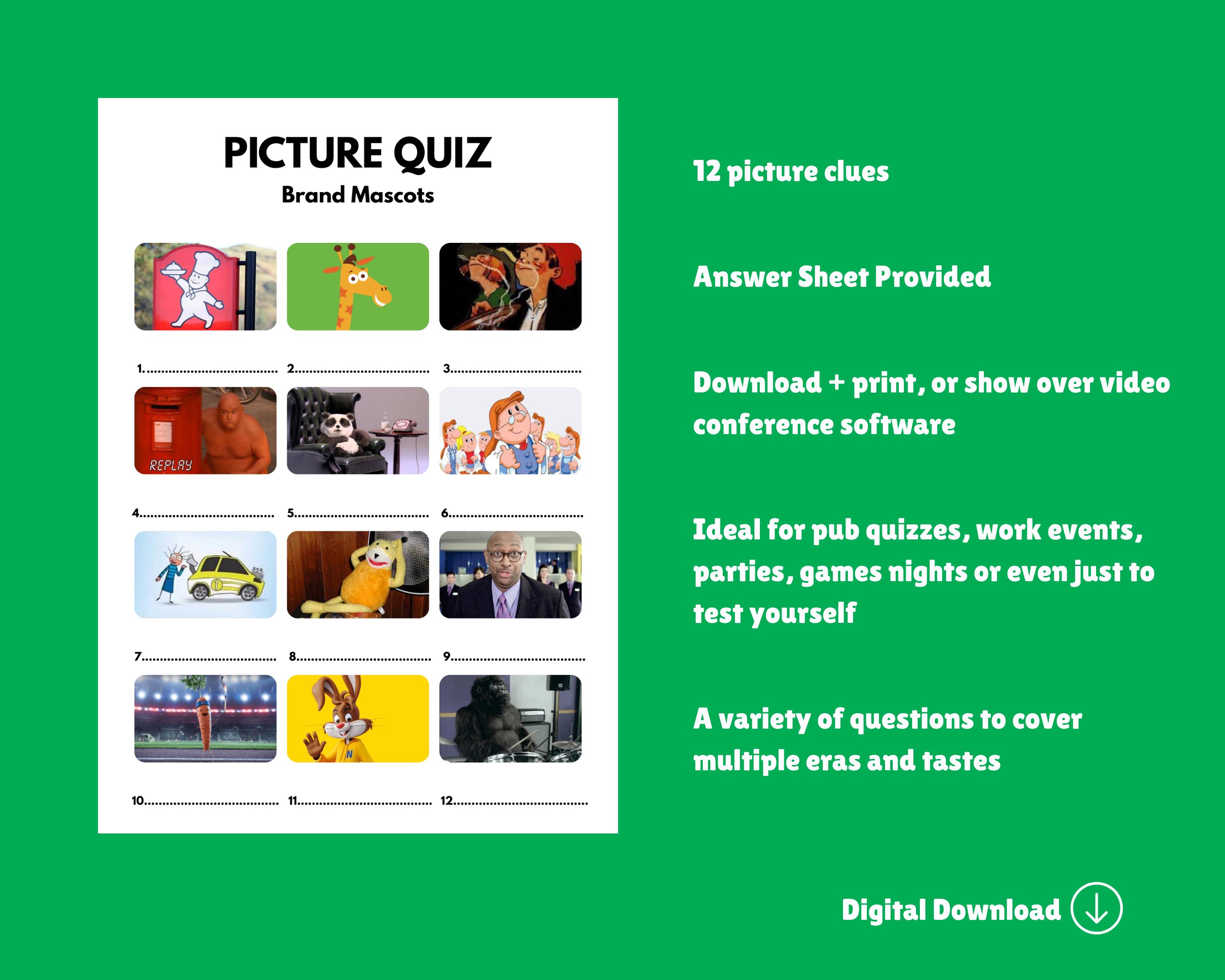 Brand Mascots Picture Quiz: Printable British TV Advert Trivia Game ...