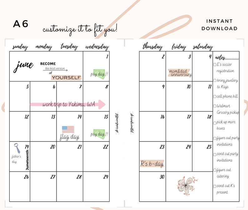 A6. Printable. Month on 2 Pages. 2022 Monthly Calendar. - Etsy