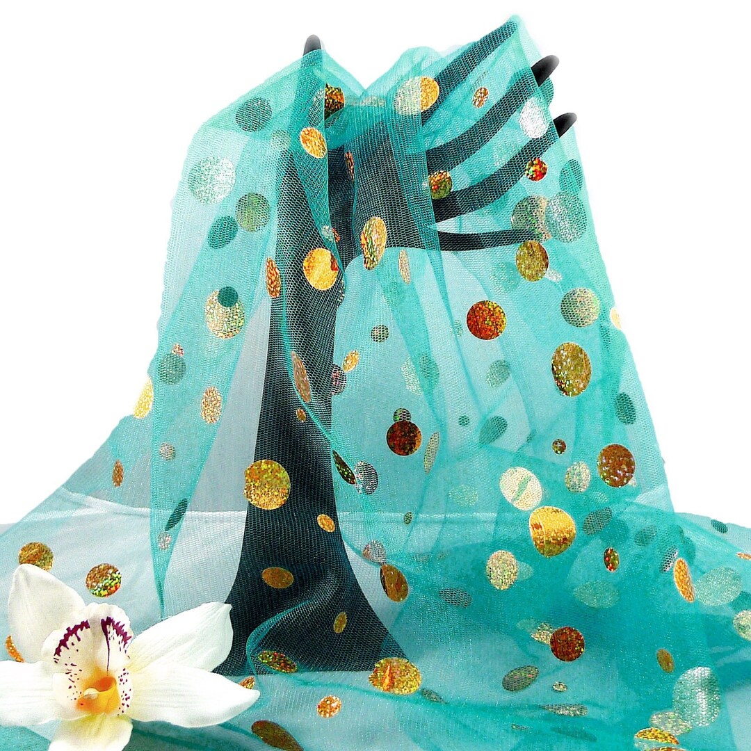 5 Yards Blue Turquoise Tulle Fabric With Holographic Gold Paillette ...