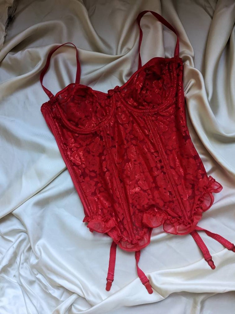 RARE Vintage Spicy Passion Red Bustier Suspenders Flowers - Etsy