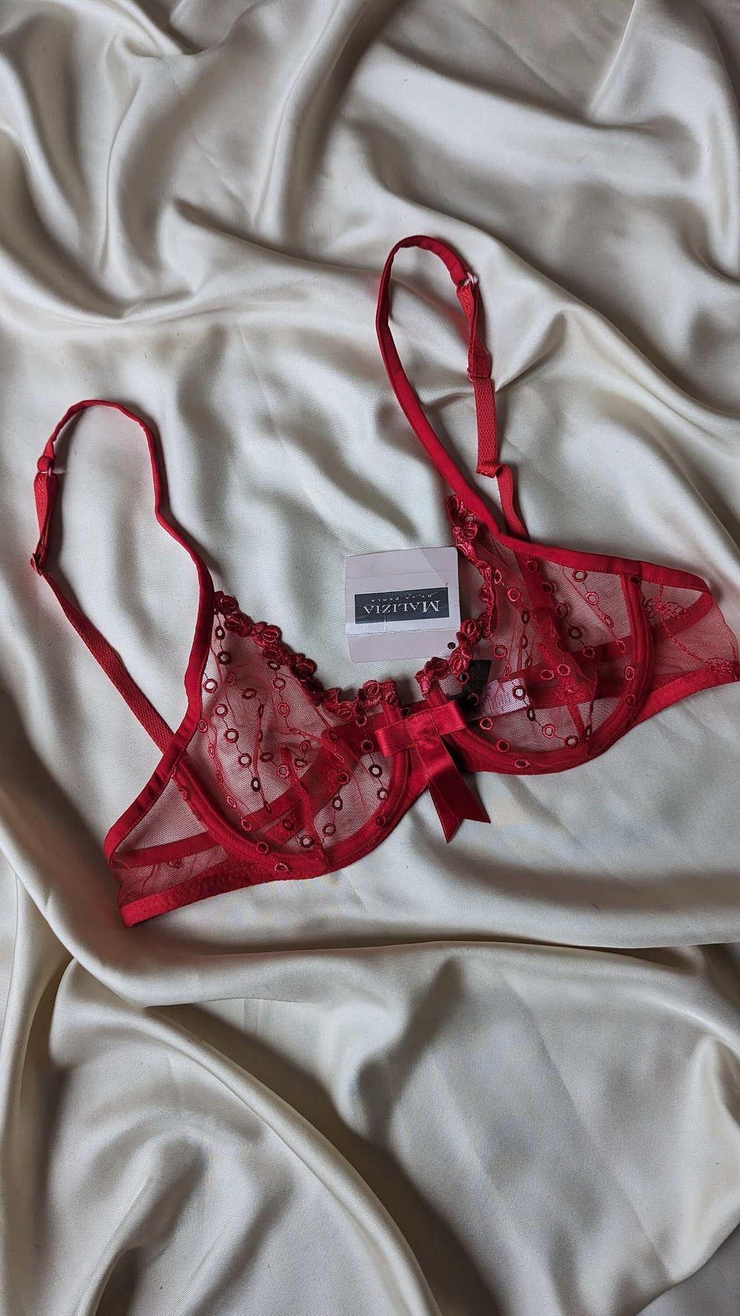 DEADSTOCK Hot Red Pink Transparent Romantic Bra by Malizia La Perla 34B ...